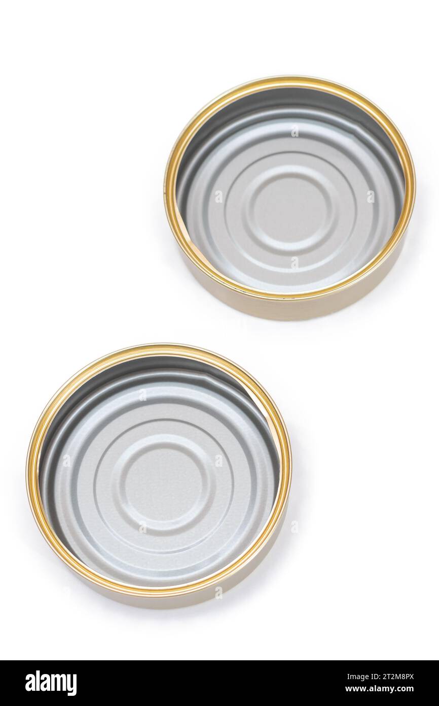 Two Opened Empty Tin Cans Isolated on White Background. Clean Used Aluminum Cans - Isolation ...