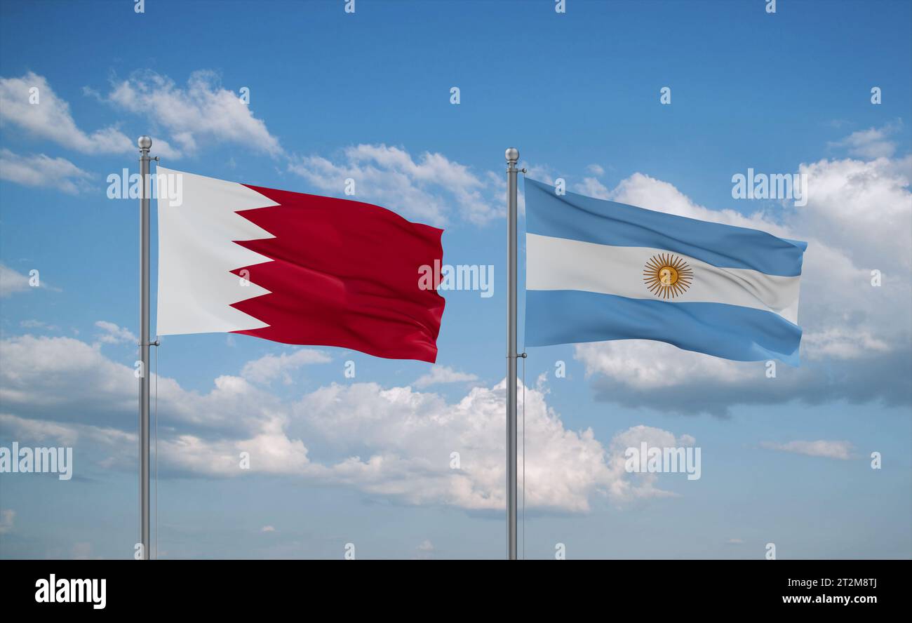 Argentina and Bahrain flags waving together on blue cloudy sky, two country relationship concept ...