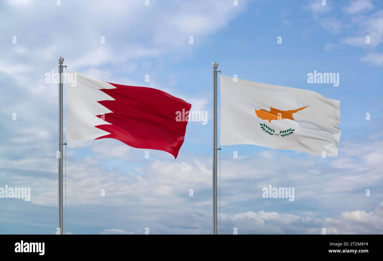 Cyprus and Bahrain flags waving together on blue cloudy sky, two country relationship concept ...