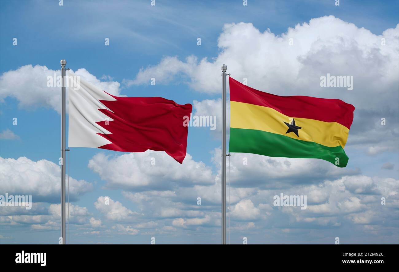 Ghana and Bahrain flags waving together on blue cloudy sky, two country relationship concept ...