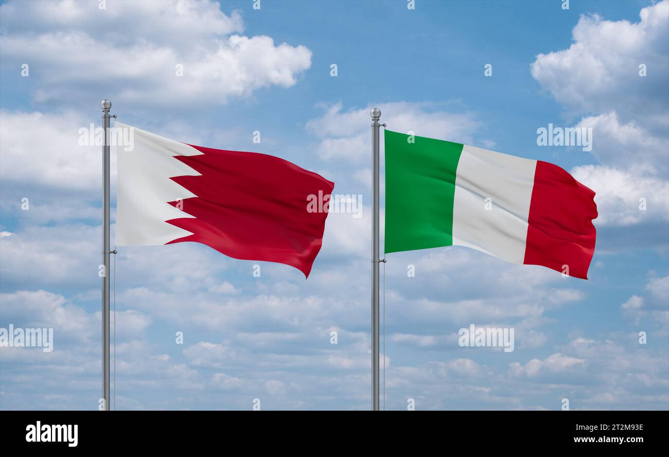 Italy and Bahrain flags waving together in the wind on blue cloudy sky, two country relationship ...