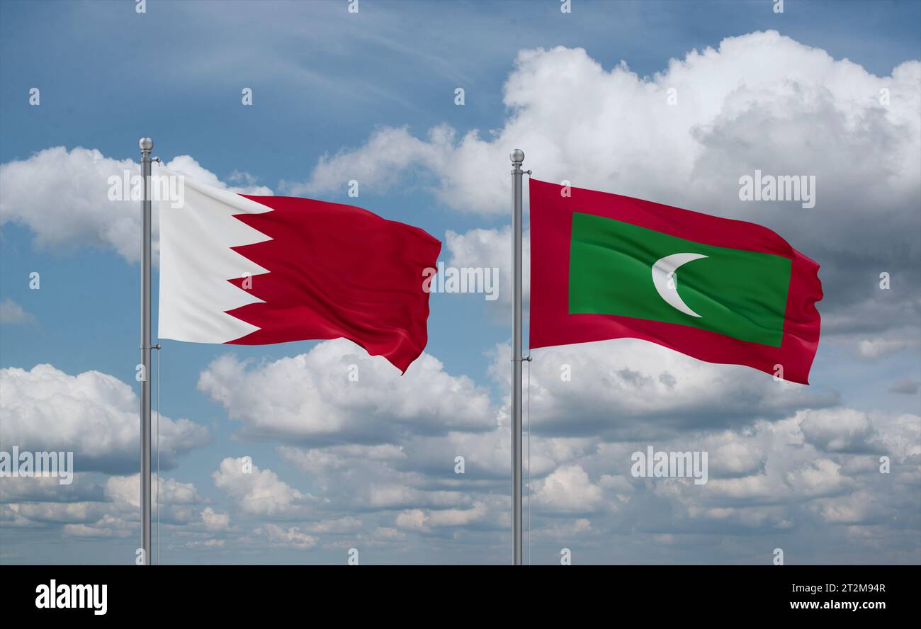 Maldives and Bahrain flags waving together on blue cloudy sky, two country relationship concept ...
