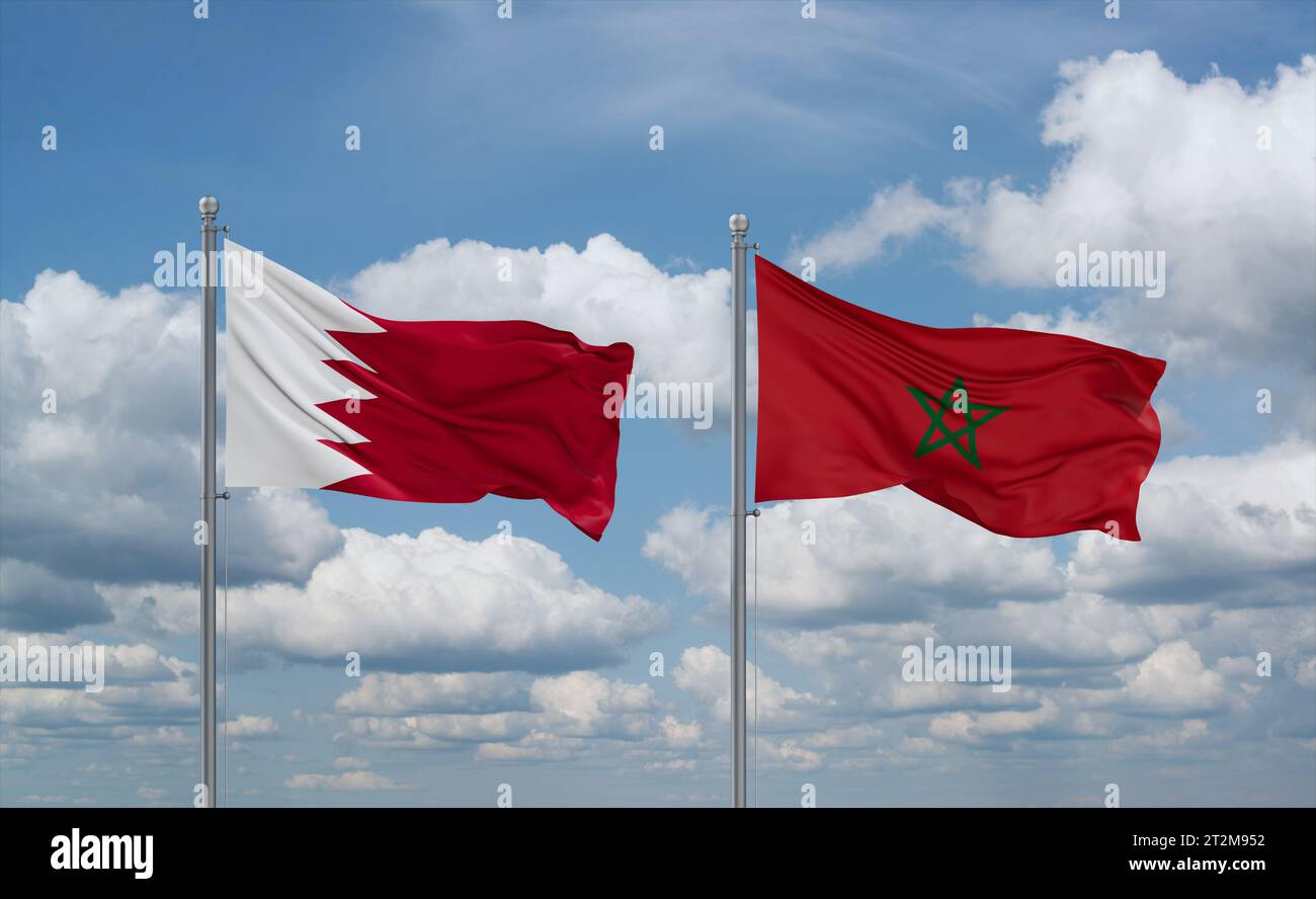 Morocco and Bahrain flags waving together on blue cloudy sky, two ...