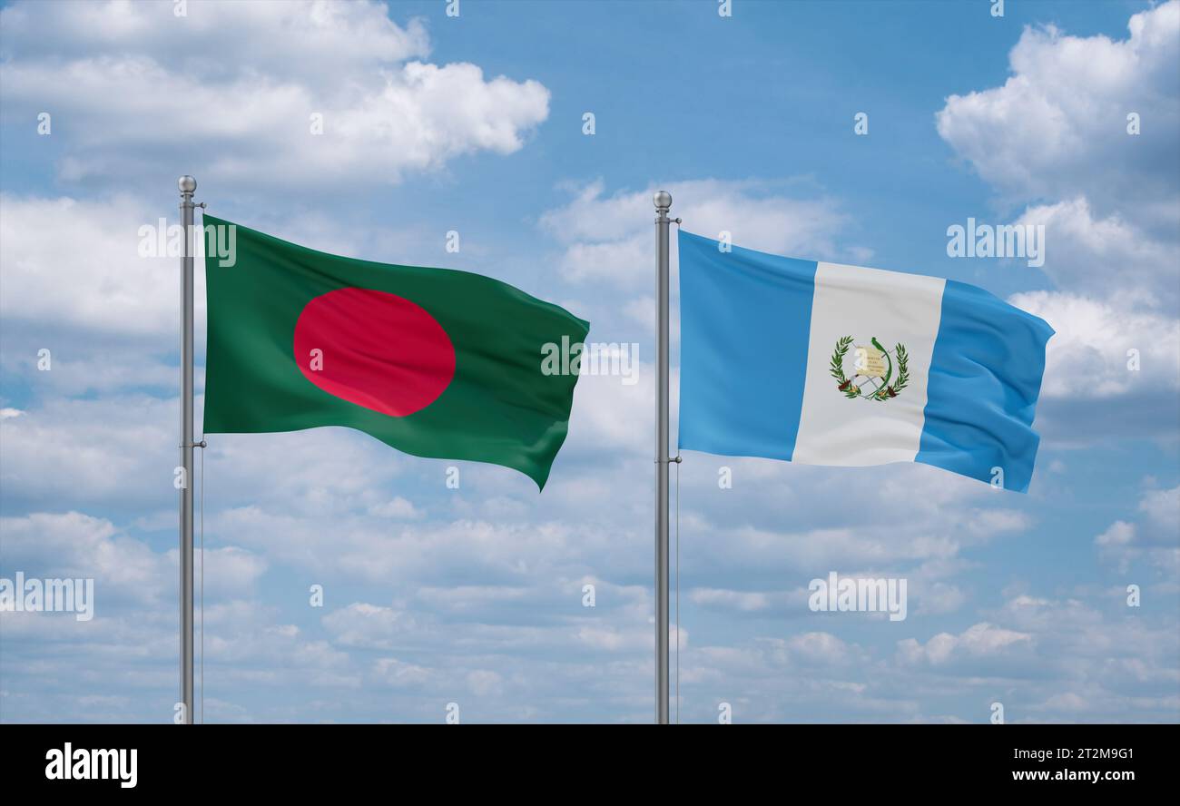 Guatemala and Bangladesh flags waving together on blue cloudy sky, two country relationship ...