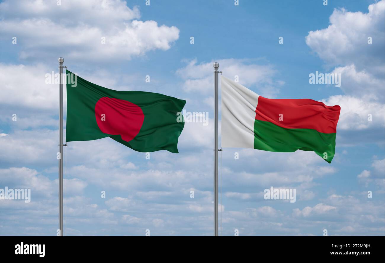 Madagascar and Bangladesh flags waving together on blue cloudy sky, two country relationship ...
