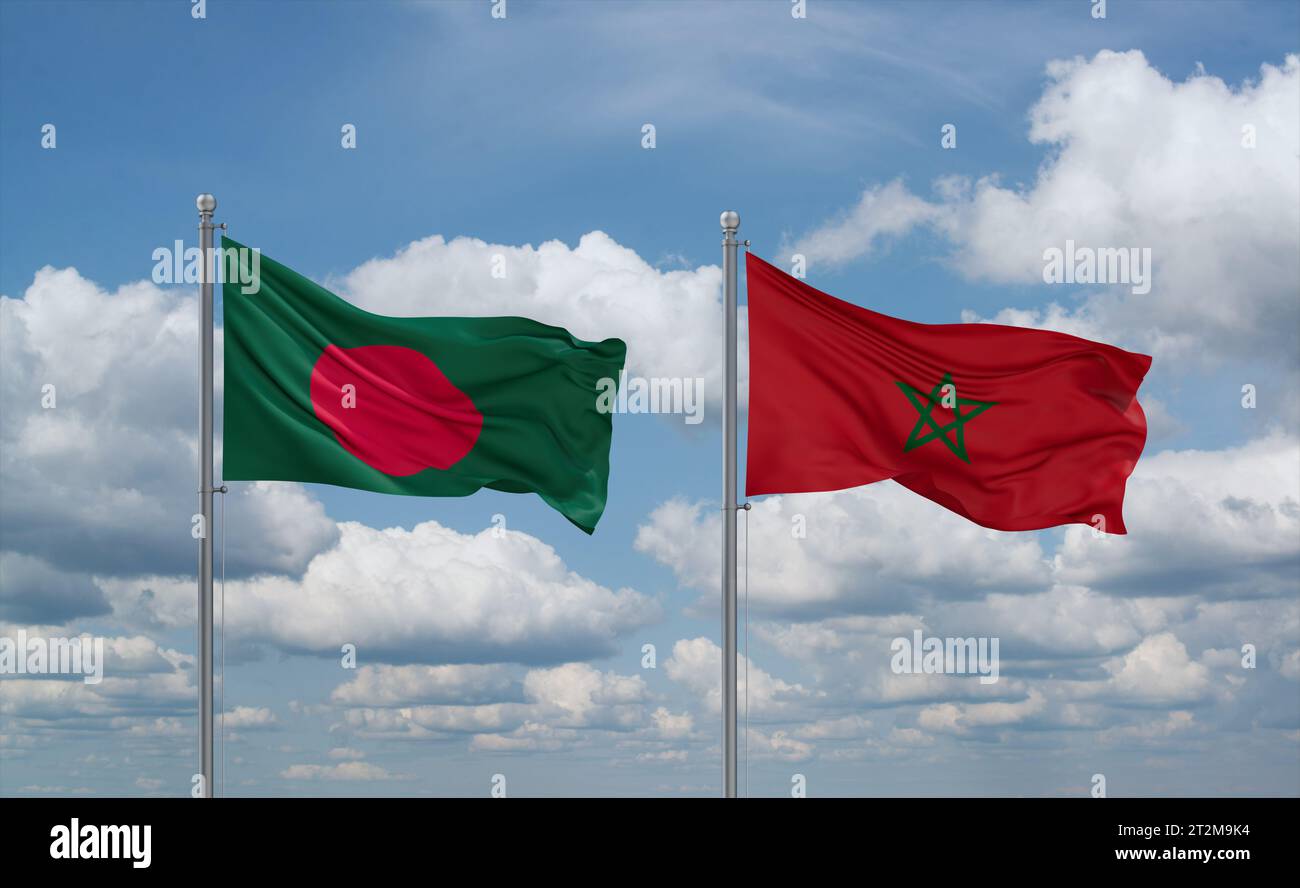 Morocco and Bangladesh flags waving together on blue cloudy sky, two country relationship ...