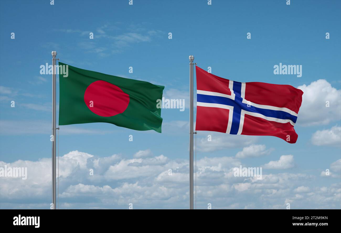 Norway and Bangladesh flags waving together on blue cloudy sky, two country relationship concept ...