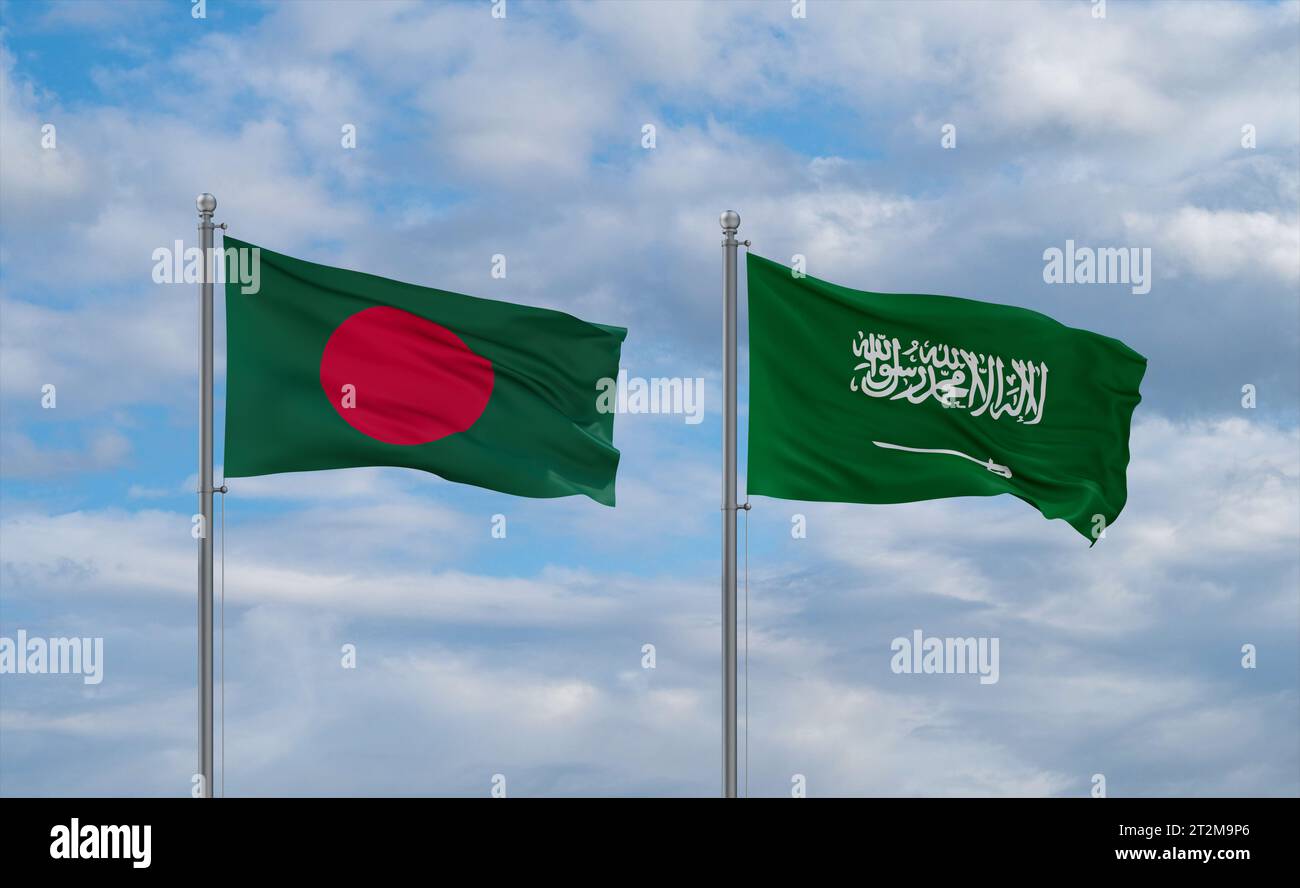 Bangladesh and Saudi Arabia flags waving together in the wind on blue ...