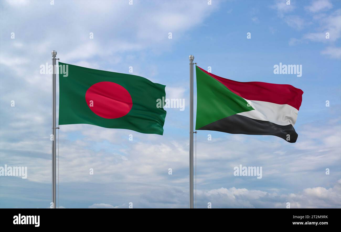 Sudan and Bangladesh flags waving together in the wind on blue cloudy sky, two country ...