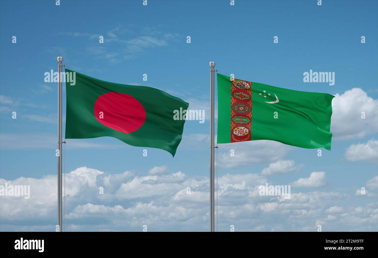 Turkmenistan and Bangladesh flags waving together in the wind on blue ...