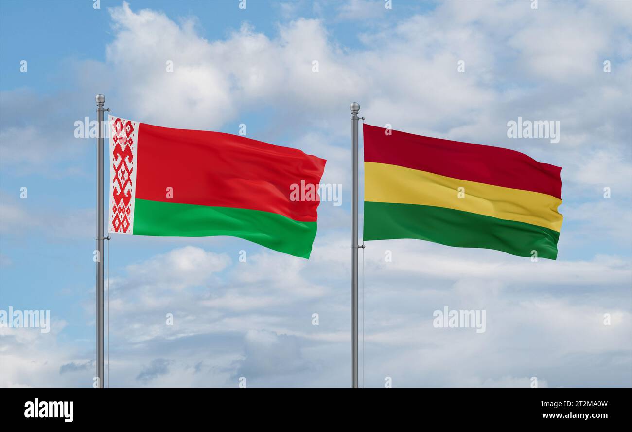 Bolivia and Belarus flags waving together on blue cloudy sky, two ...