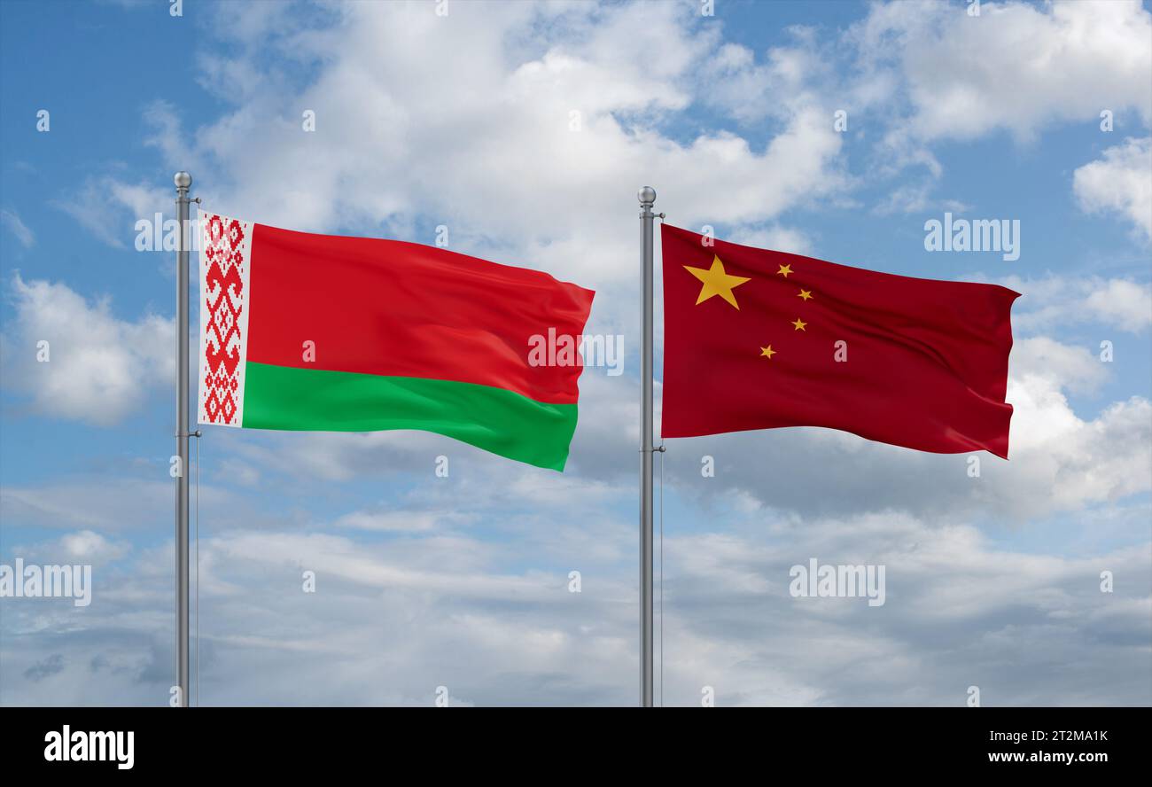 China and Belarus flags waving together on blue cloudy sky, two country ...