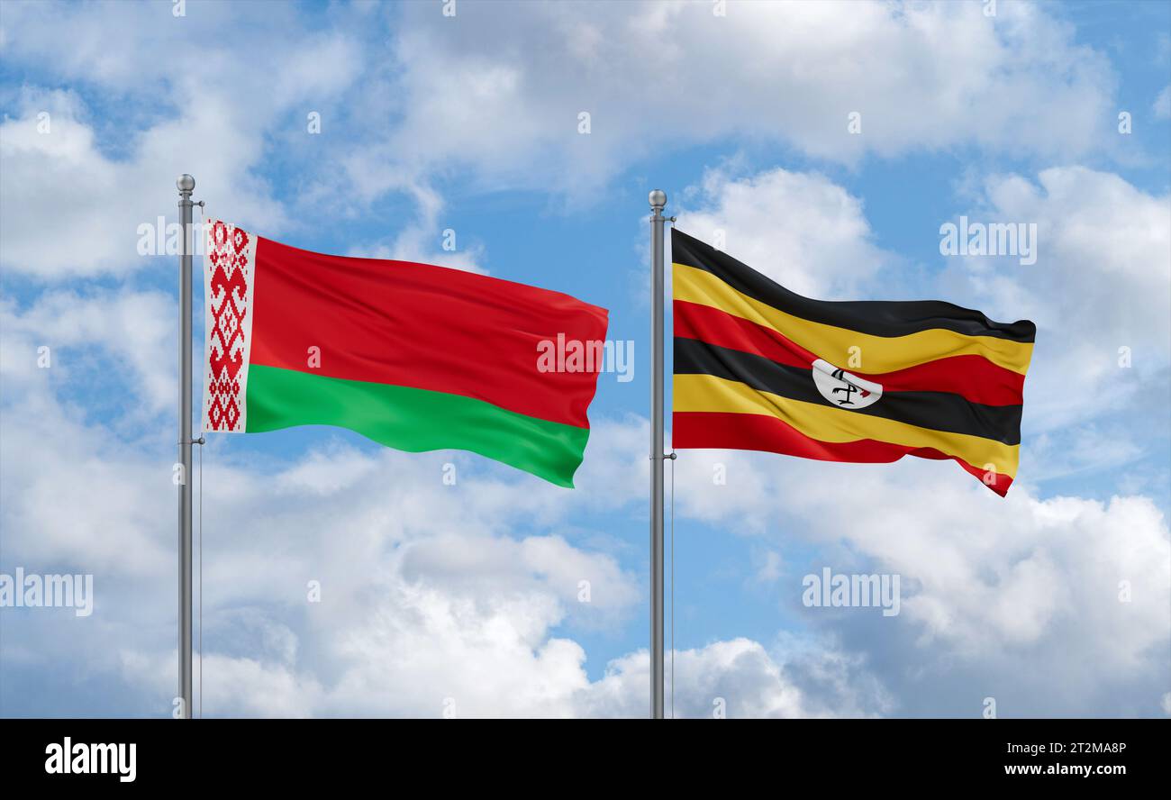 Republic of Uganda and Belarus flags waving together in the wind on ...