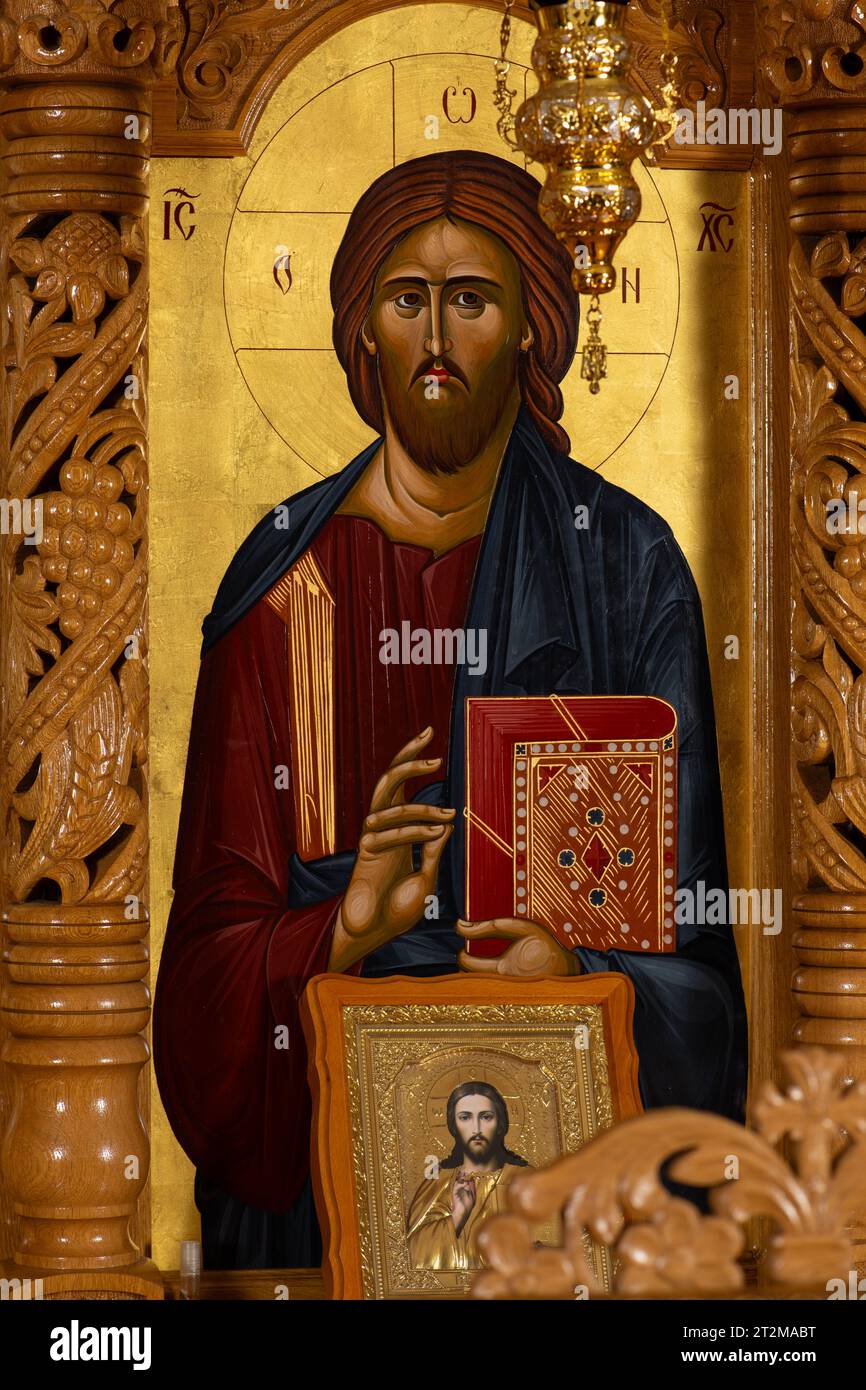 Orthodox icon on a church iconostasis. When worshipers enters the ...