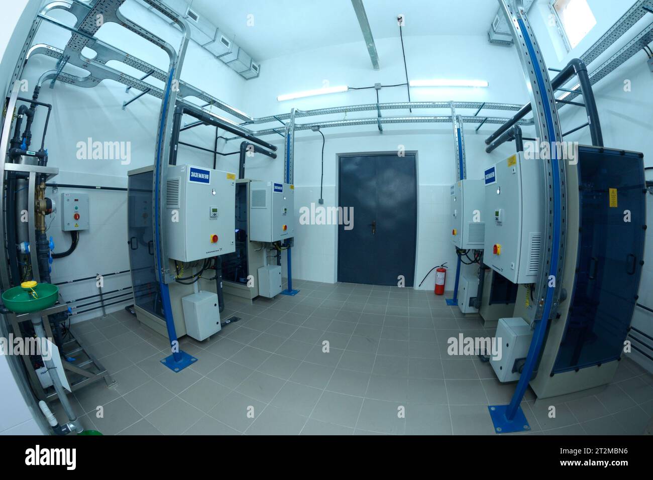 Electrolysis units set in the hall of the disinfecting water at the ...