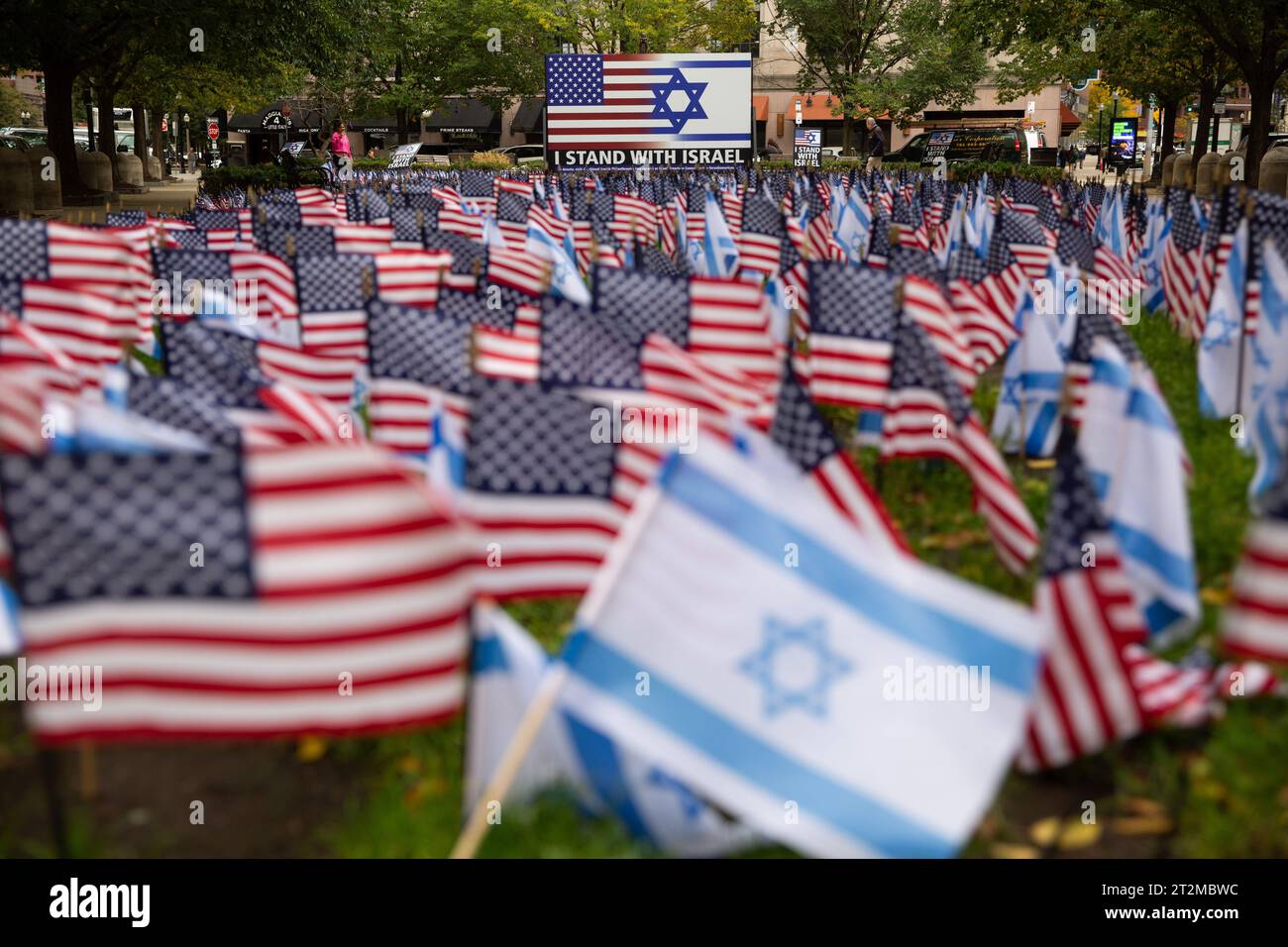 Boston, USA. 20th Oct, 2023. American and Israeli flags on display in ...