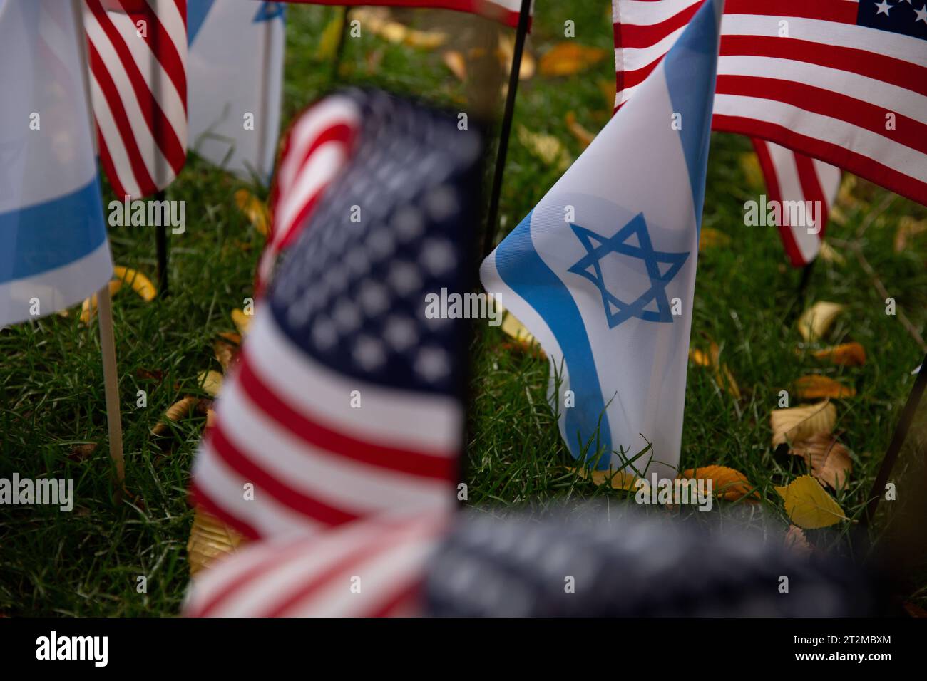 Boston, USA. 20th Oct, 2023. American and Israeli flags on display in ...