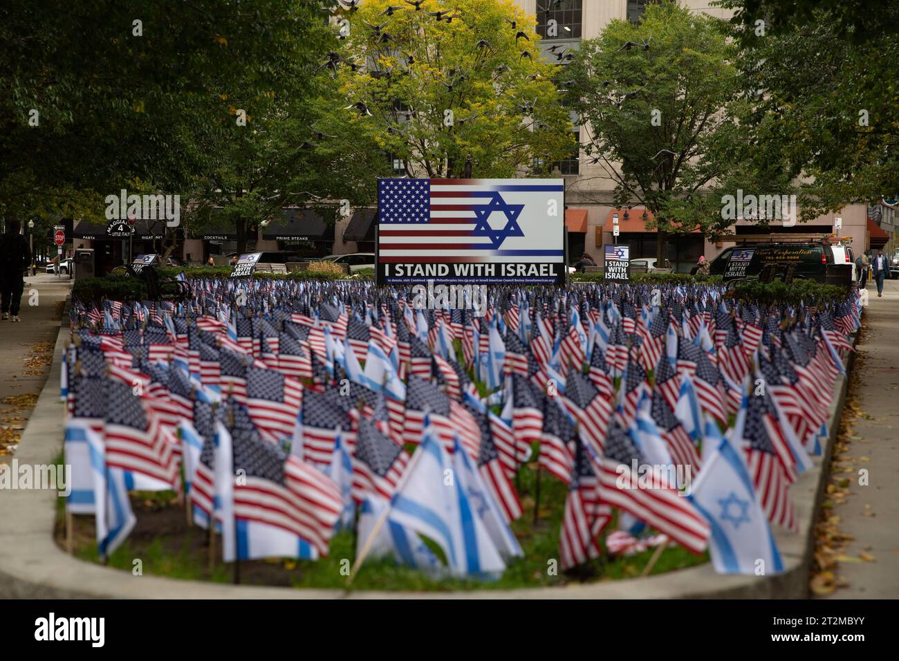 Boston, USA. 20th Oct, 2023. American and Israeli flags on display in ...