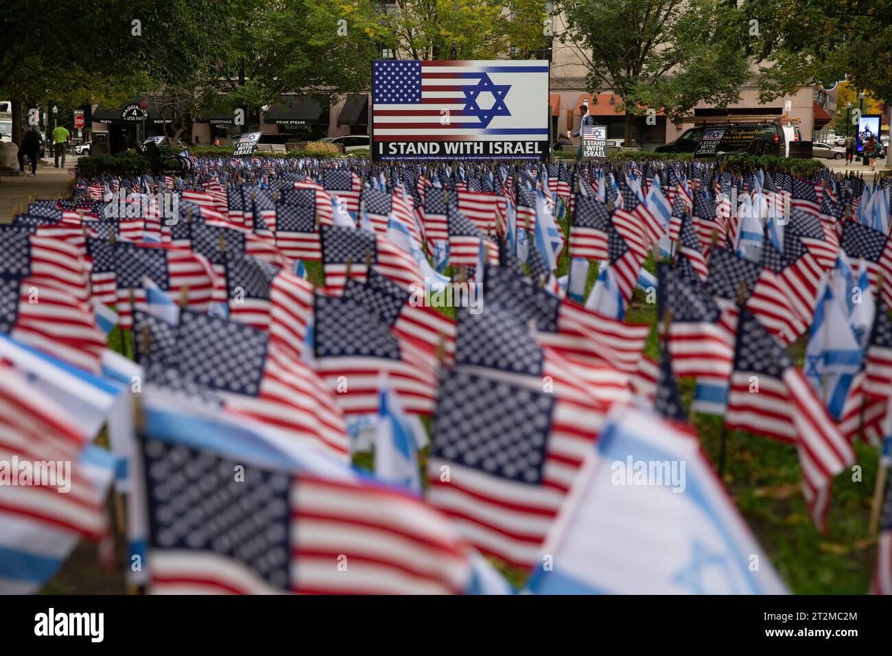 Boston, USA. 20th Oct, 2023. American and Israeli flags on display in ...