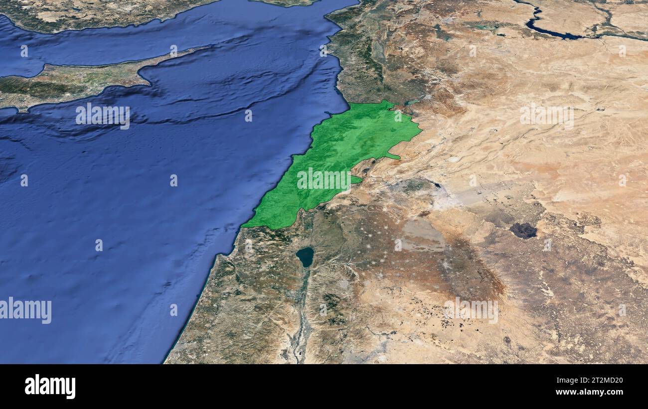 A 3D satellite image map of the earth showing Lebanon highlighted in ...