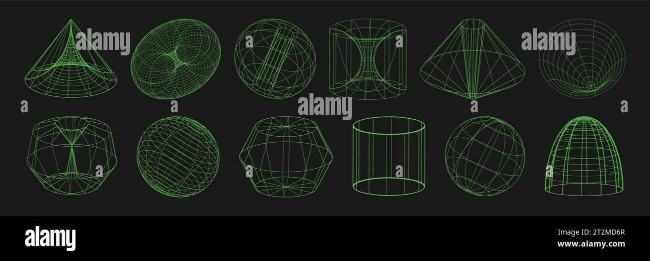 Cyber distorted shapes, retro punk design elements. Wireframe wave ...