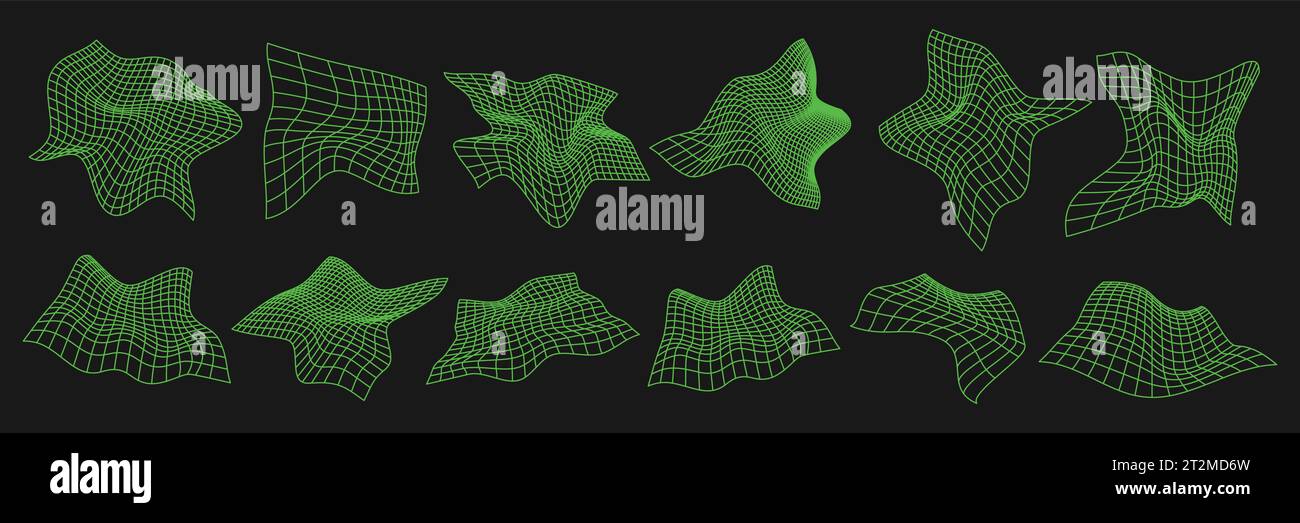 Cyber distorted grids, retro punk design elements set. Wireframe wave geometry mesh on black ...