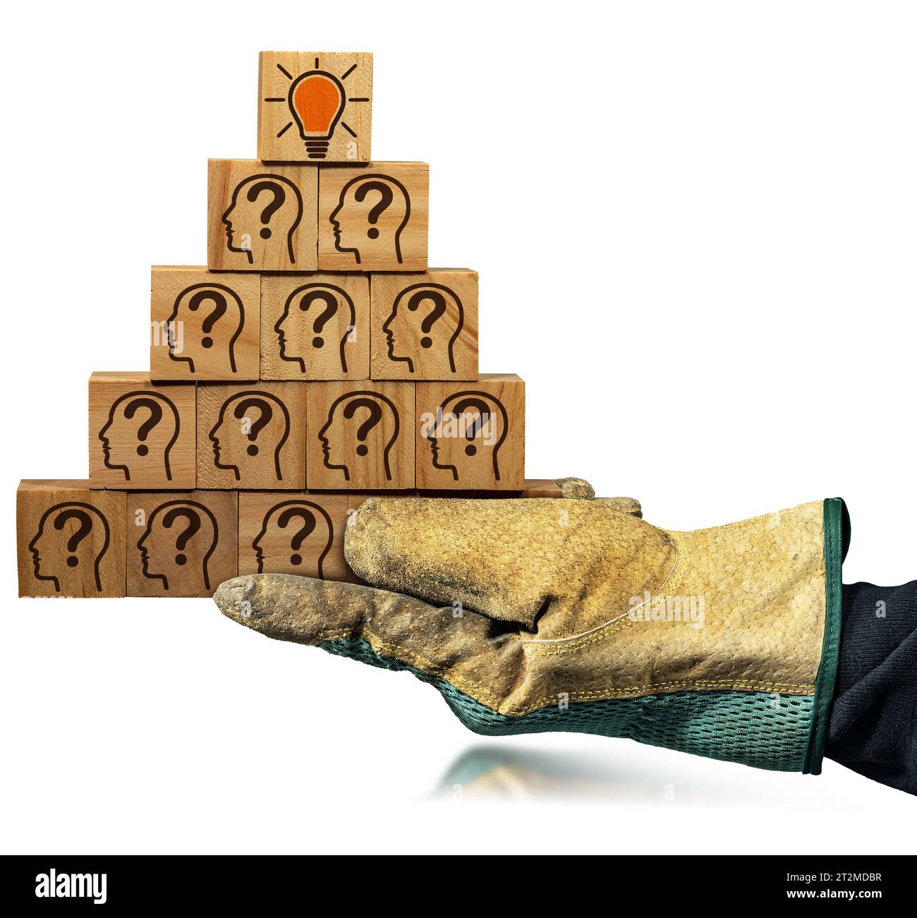 Creative idea and innovation concept. Gloved hand holding a stack of ...