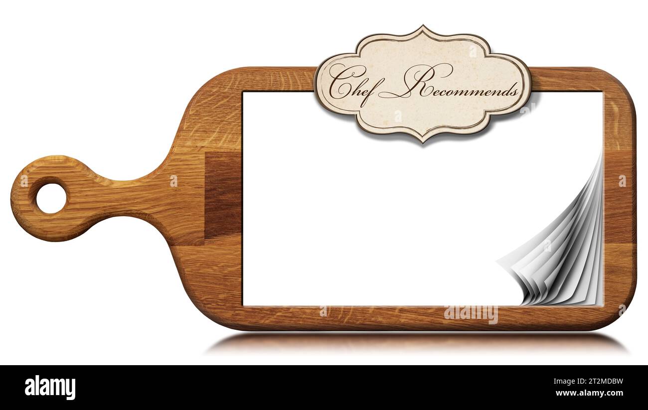 Old cutting board with empty white curled pages and a label with text ...