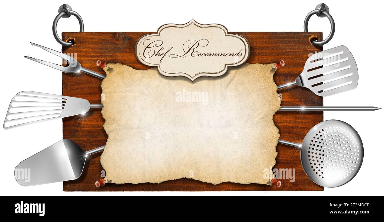 Template for a Restaurant Menu. Wooden sign with empty parchment (old ...