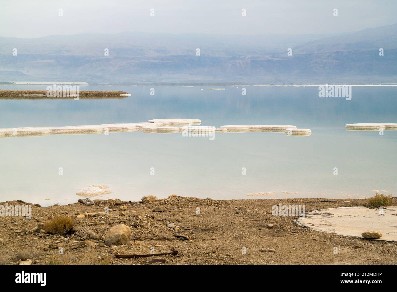 Clusters of natural salt rise through surface of Dead Sea as seen from Israel, reflected sky ...