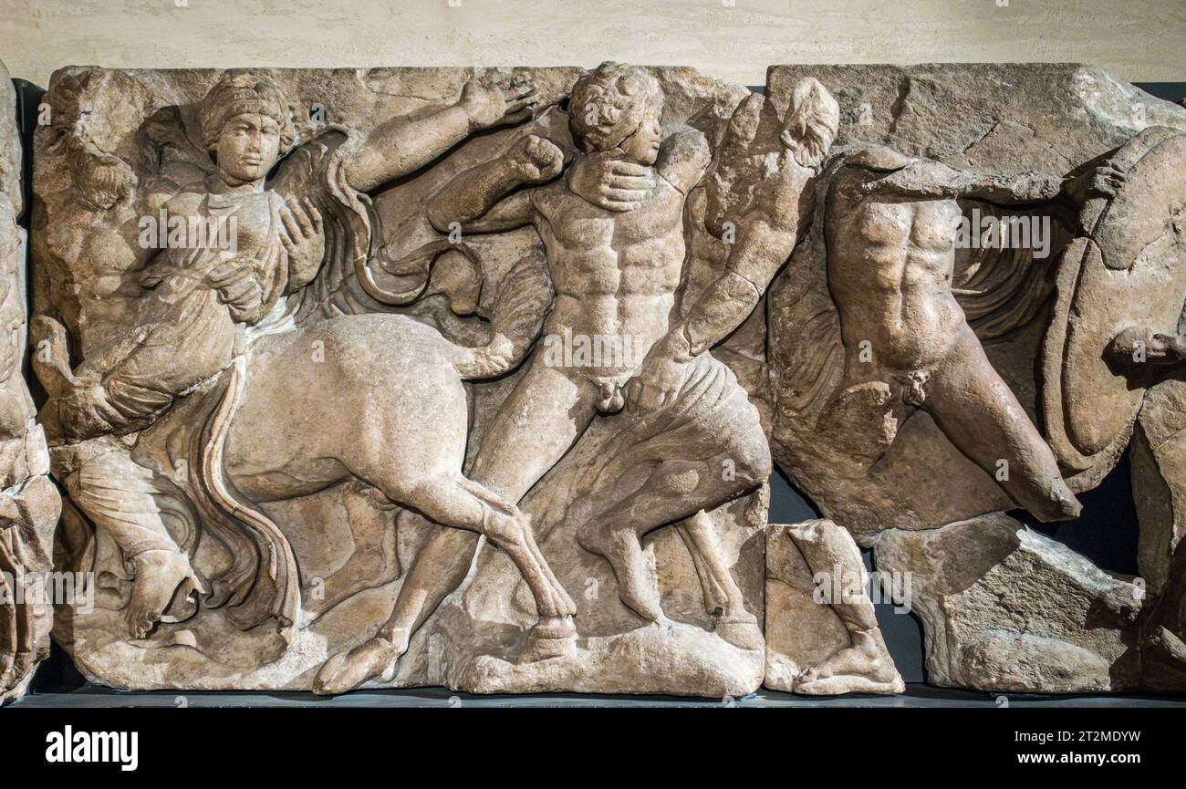 A metope, part of the Parthenon Frieze (the Elgin Marbles), in the British Museum, London. It ...