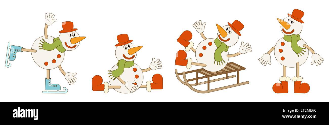 Set of Christmas snowmen in different poses. Vector illustration in ...