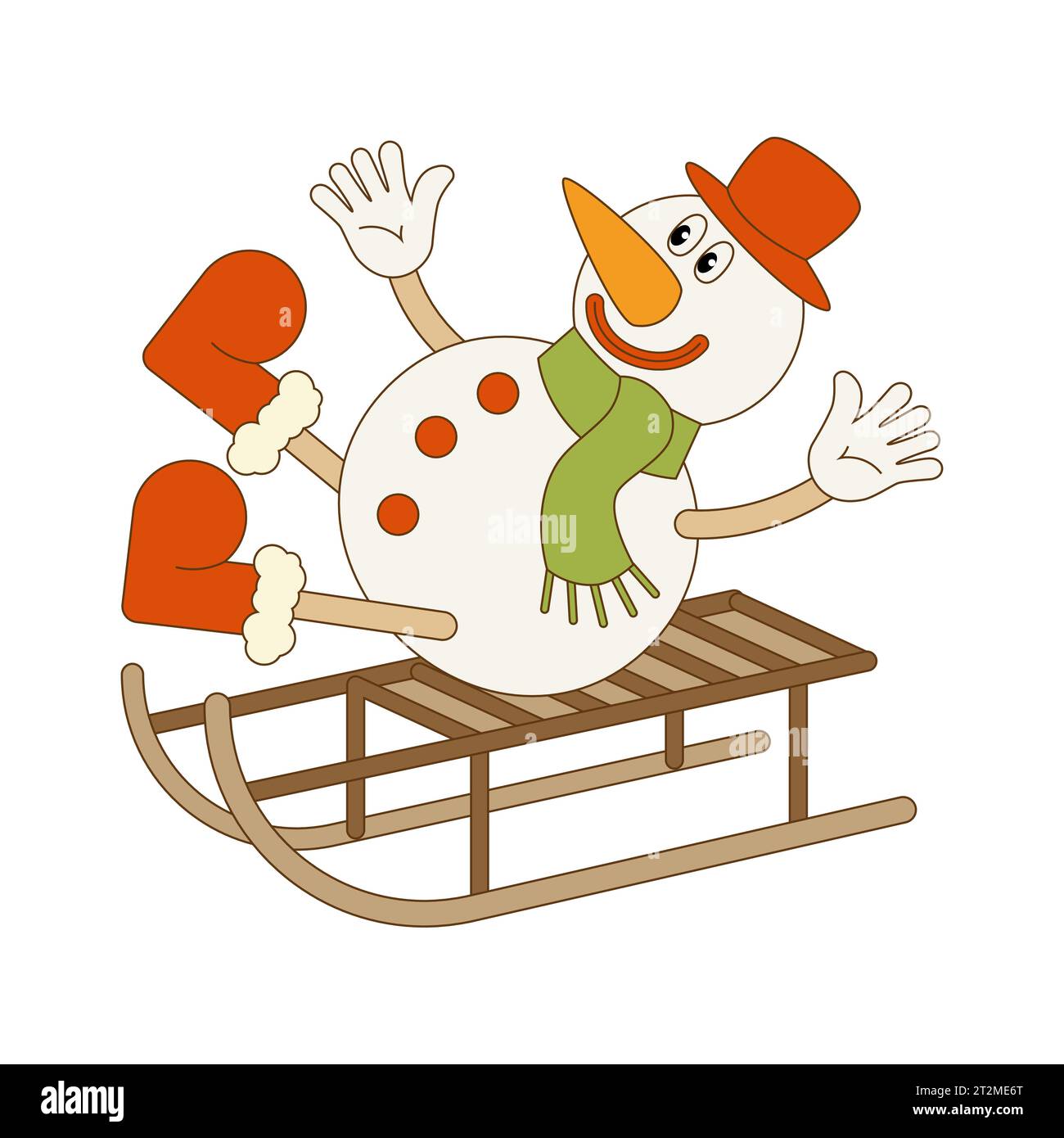 Snowman on a sled. Christmas illustration in retro groovy style, for ...
