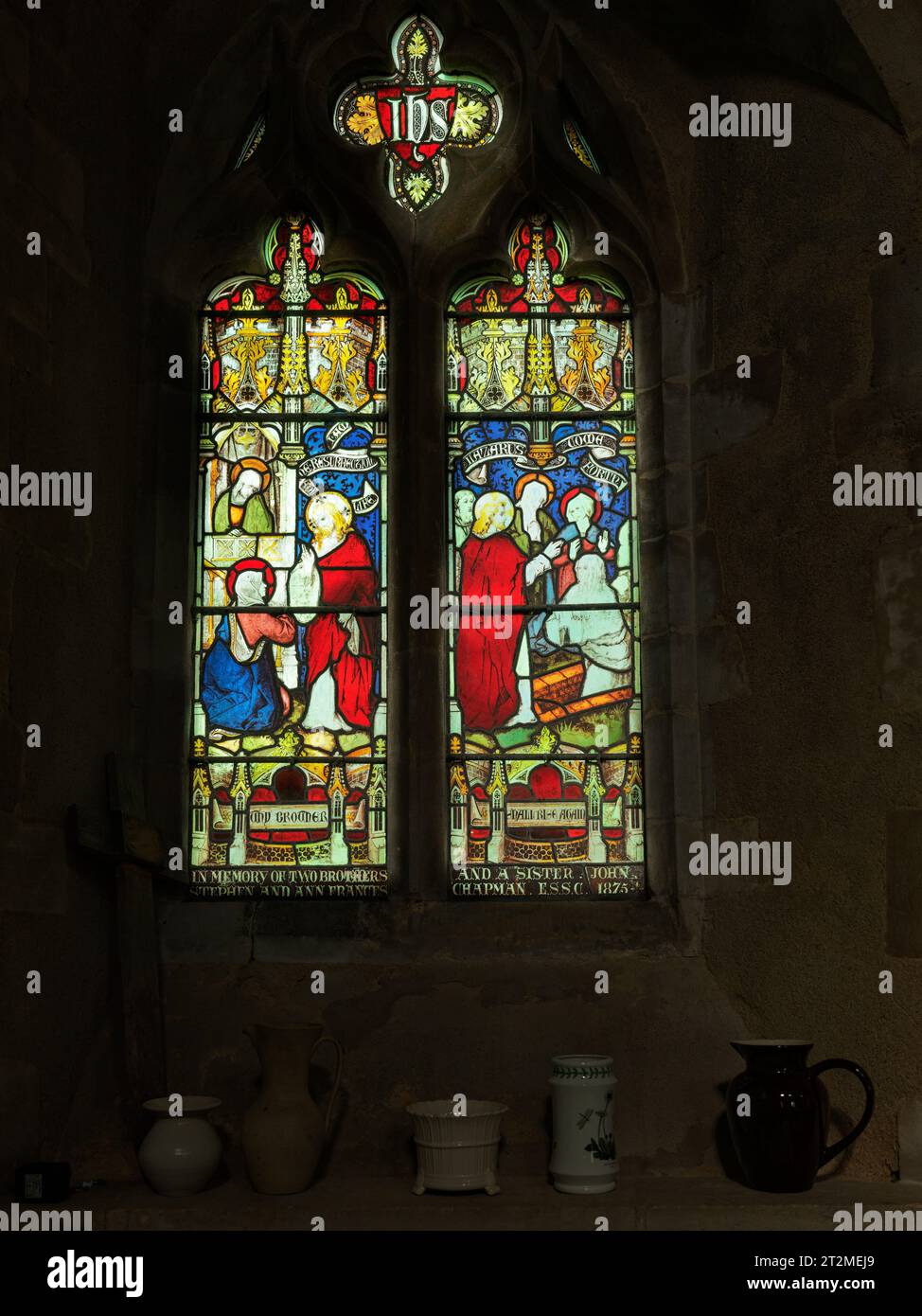 A stained glass window in the twelfth century christian church of St ...