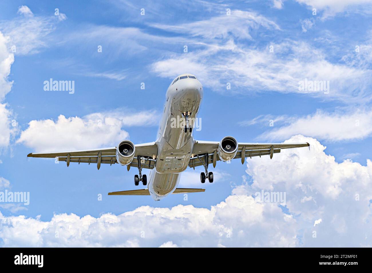 Airbus A321 passenger plane landing at the airport, under a blue sky ...