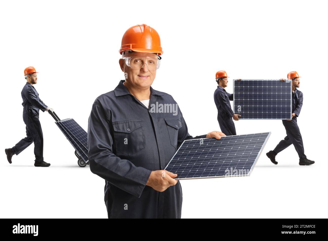 Manufacturing of solar panels, workers carrying photovoltaics isolated ...