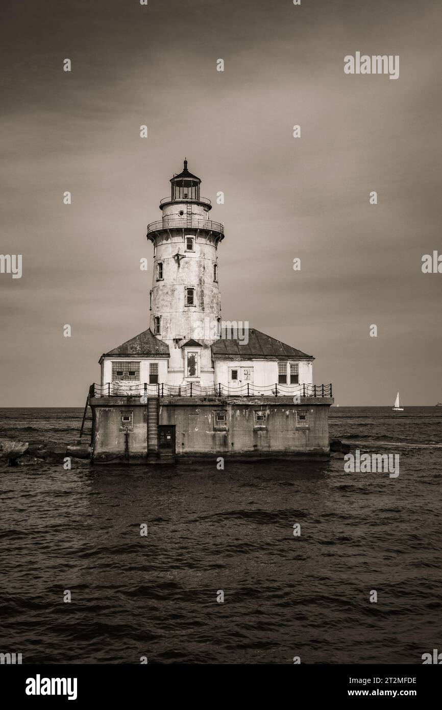 black and white image of historical Lighthouse on Lake Michigan in ...