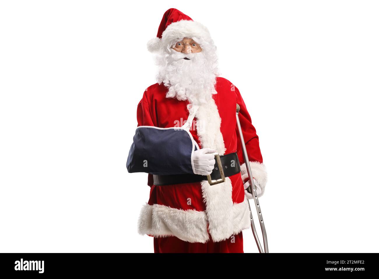 Santa claus with injured arm leaning on a crutch isolated on white ...
