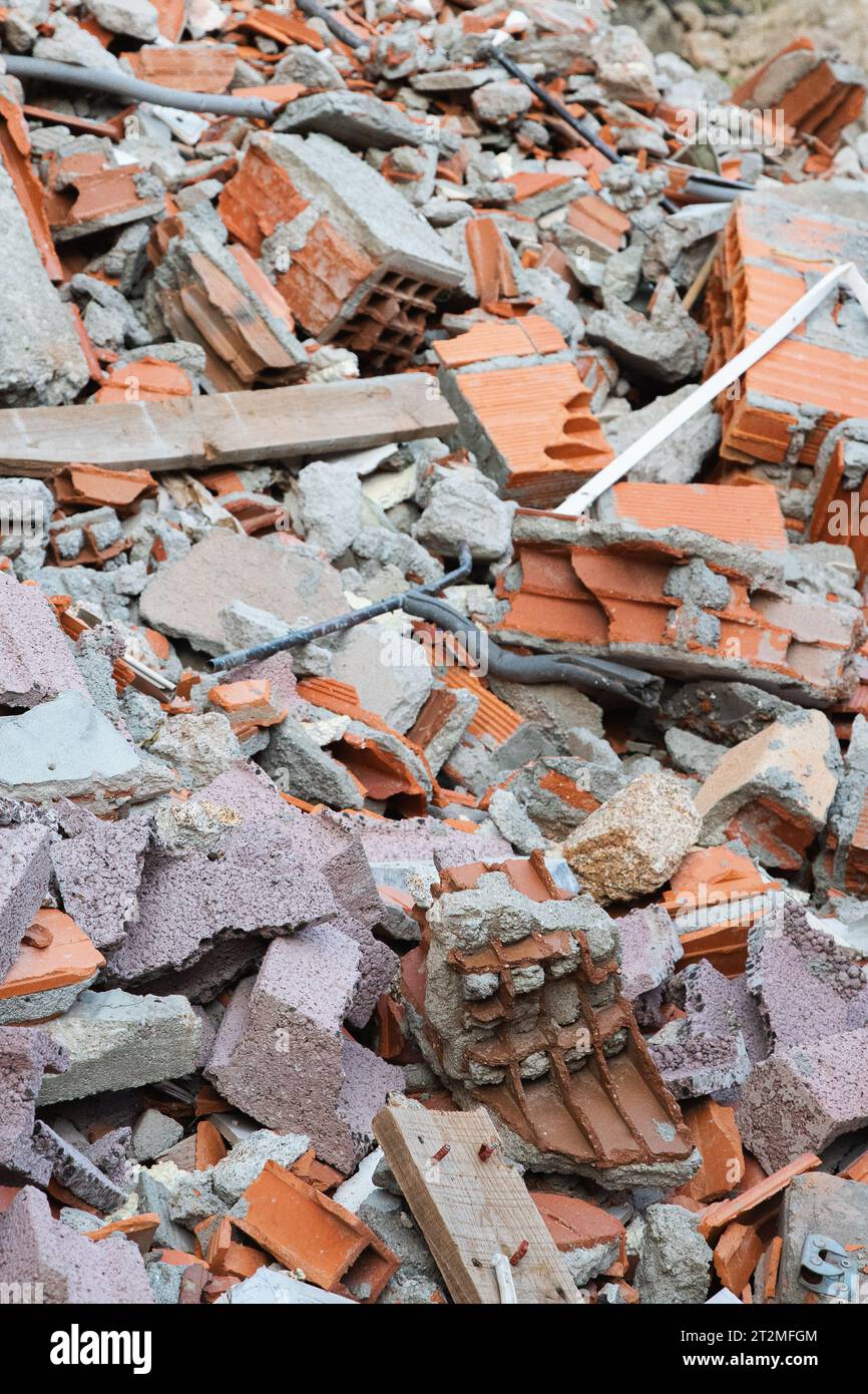 Image of debris from a demolition, destroyed pieces of brick ...