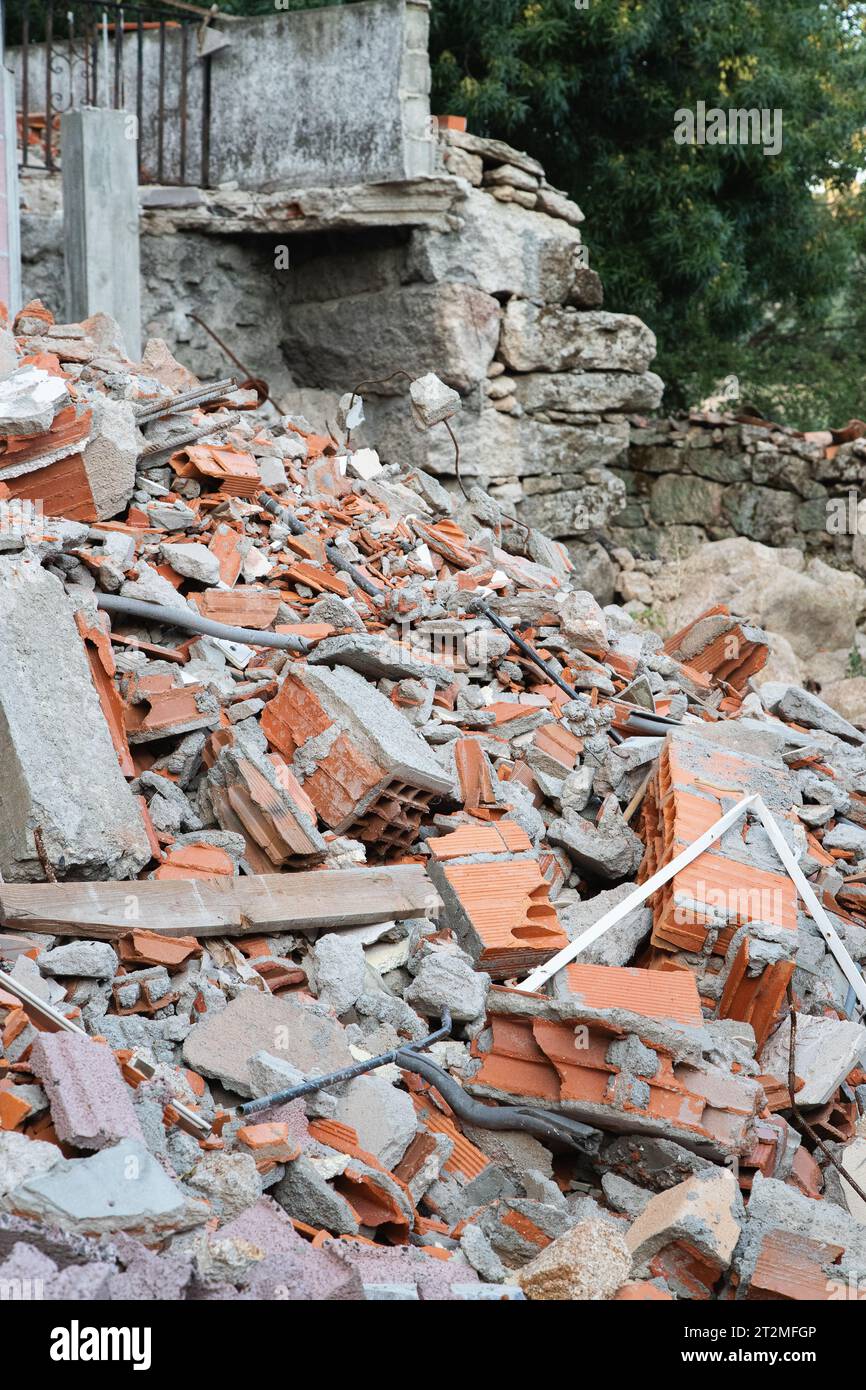Image of debris from a demolition, destroyed pieces of brick ...