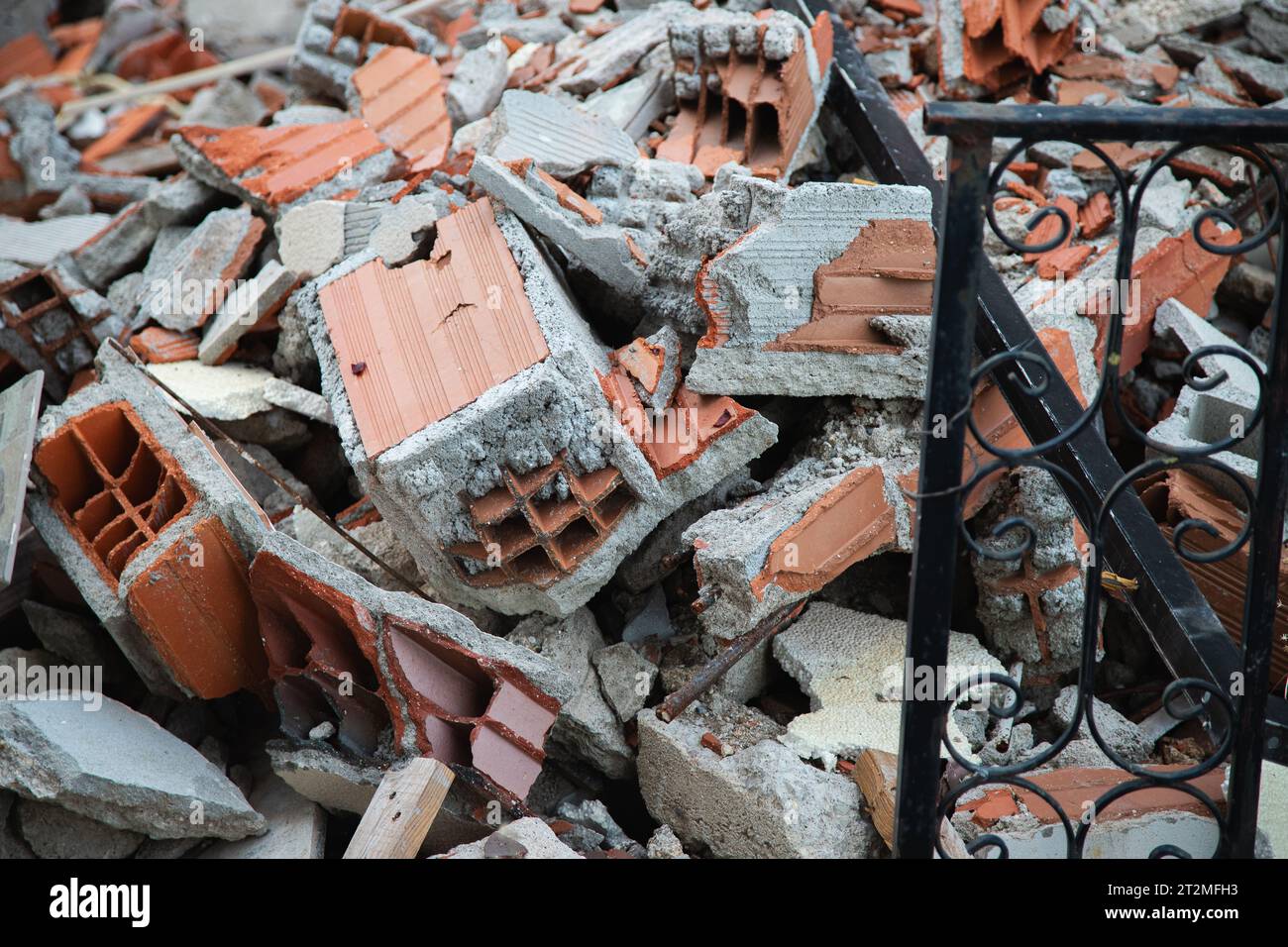 Image of debris from a demolition, destroyed pieces of brick ...
