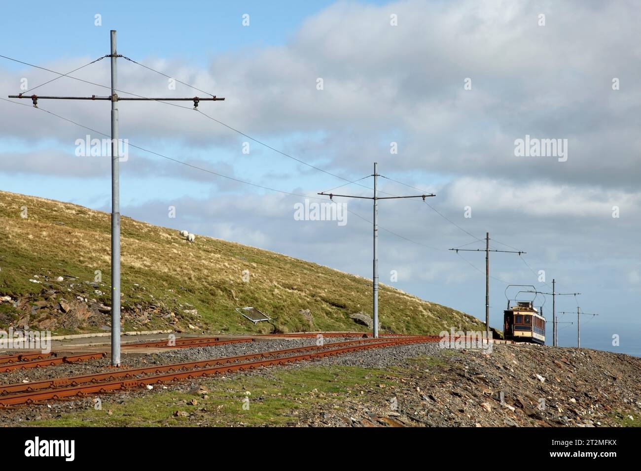 Snaefell Mountain Railway tram approaching Snaefell station, Isle of ...