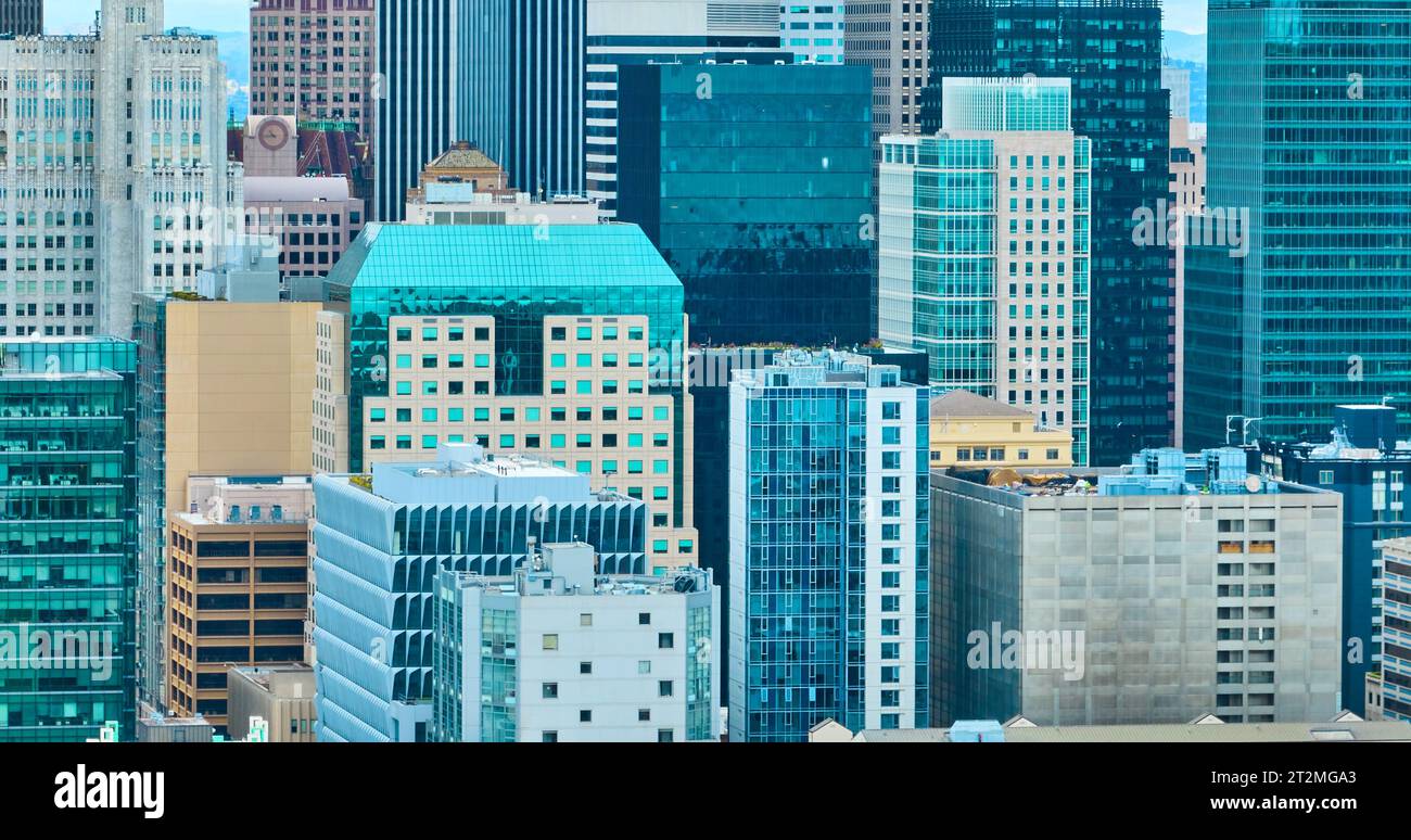 Aerial San Francisco downtown buildings in solid wall close up Stock ...