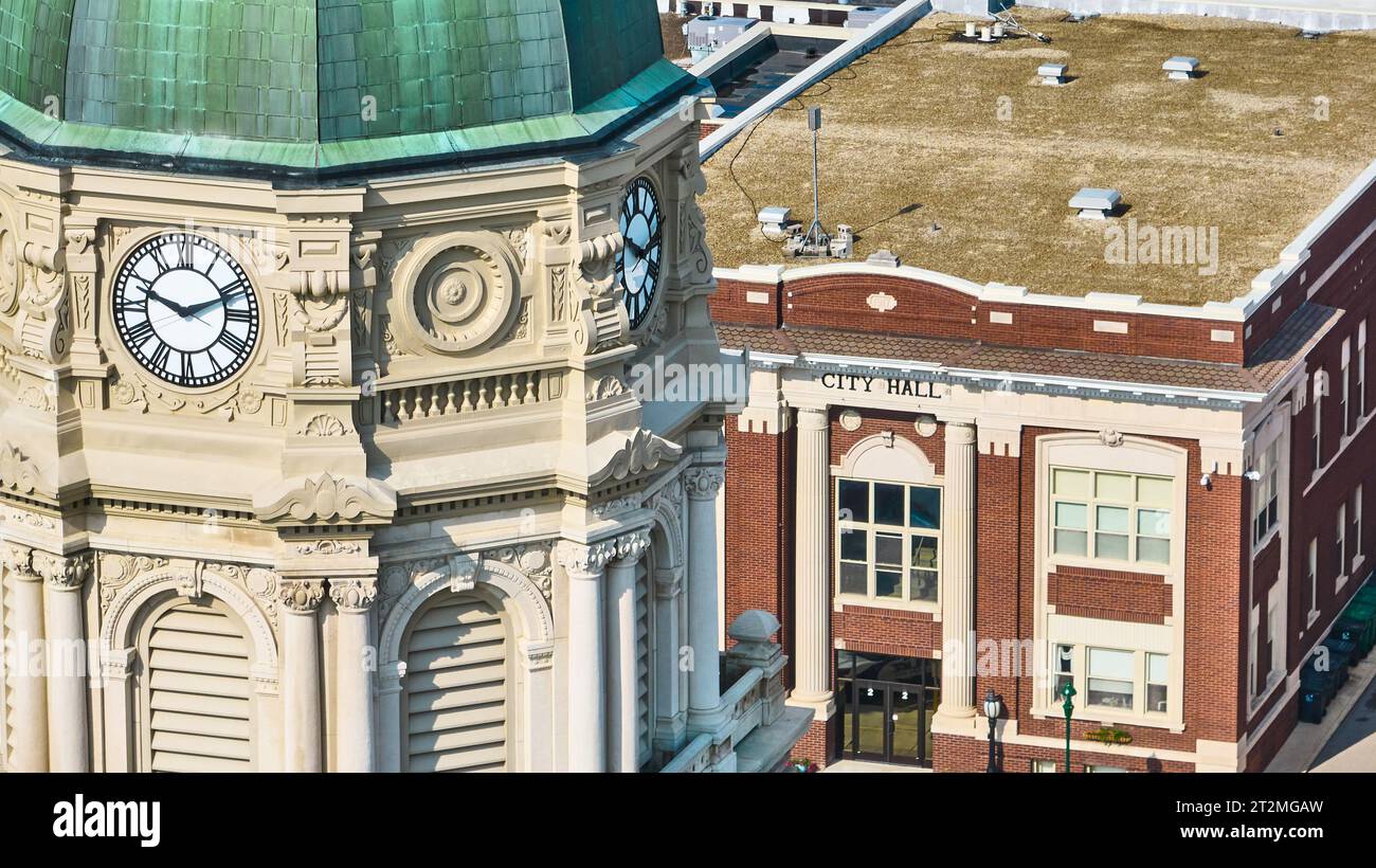 Close up aerial of Columbia City courthouse clock tower with dome and ...