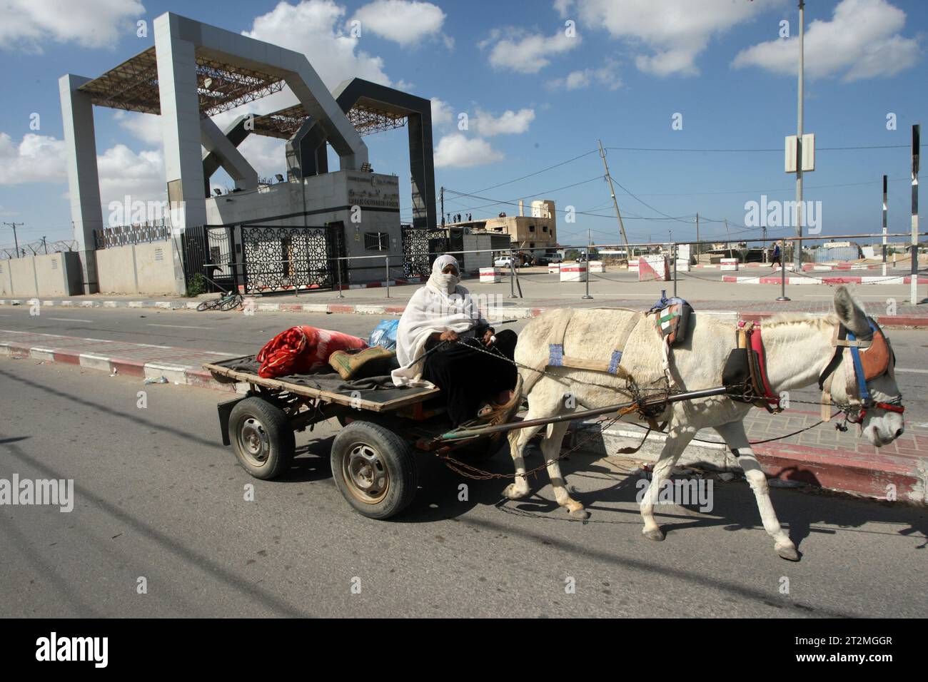 Rafah, Gaza. 20th Oct, 2023. A woman riding a donkey cart outside the ...