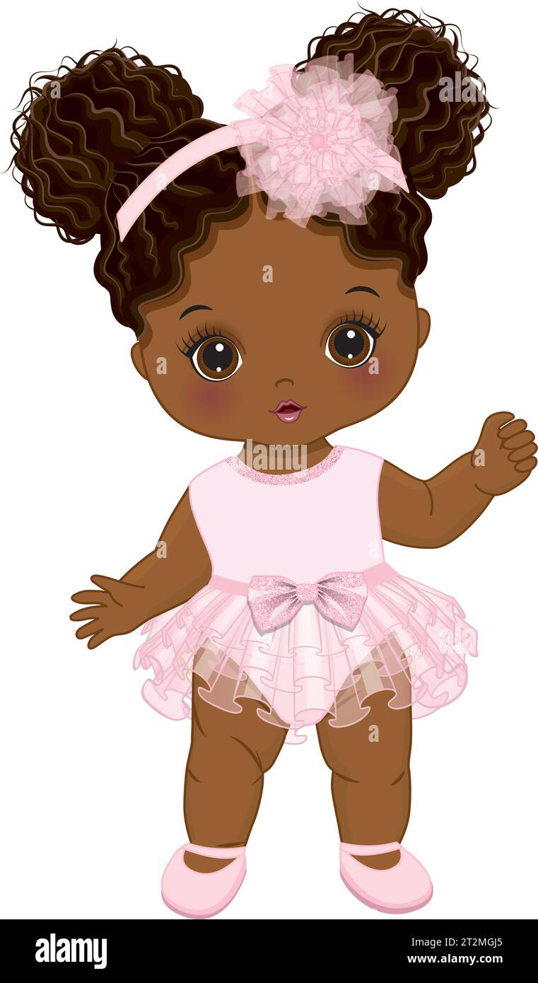 Vector Cute Little African American Baby Girl in Pink Ruffle Dress ...