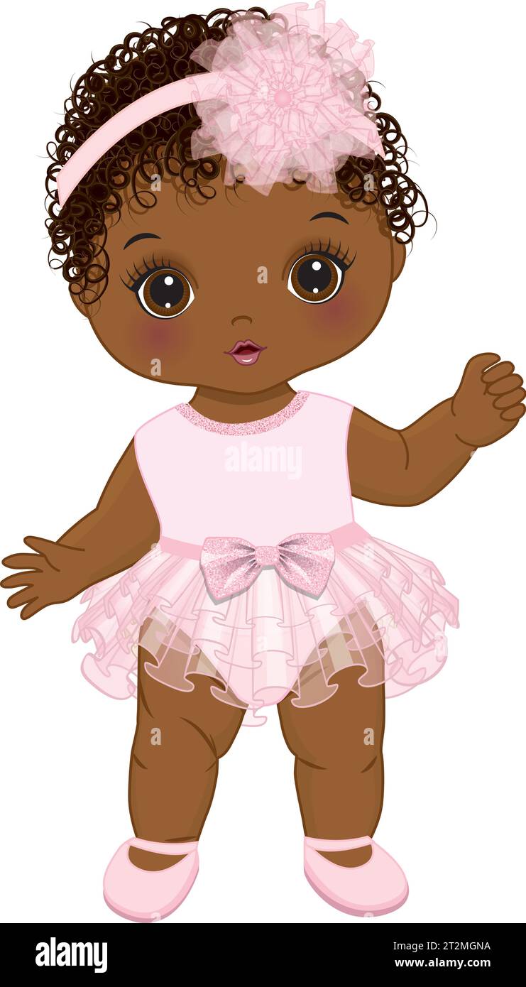 Vector Cute Little African American Baby Girl in Pink Ruffle Dress ...