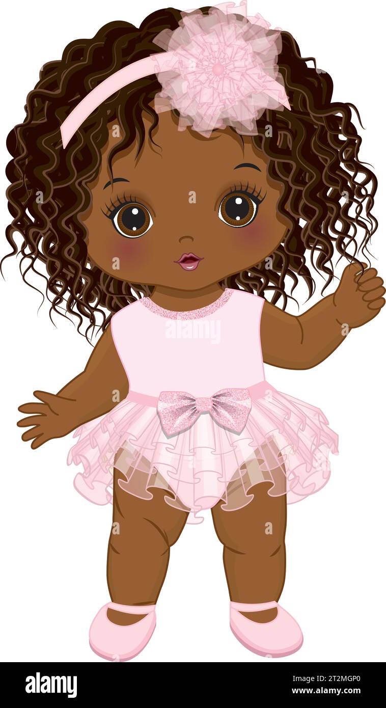 Vector Cute Little African American Baby Girl in Pink Ruffle Dress ...