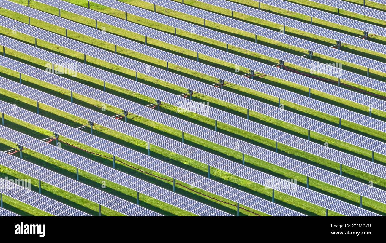 Sunlit solar panels on solar farm in grassy field aerial background ...