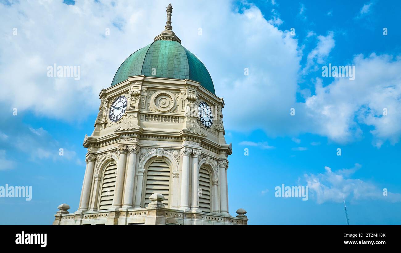 Aerial upward view of Columbia City courthouse clock tower with dome ...